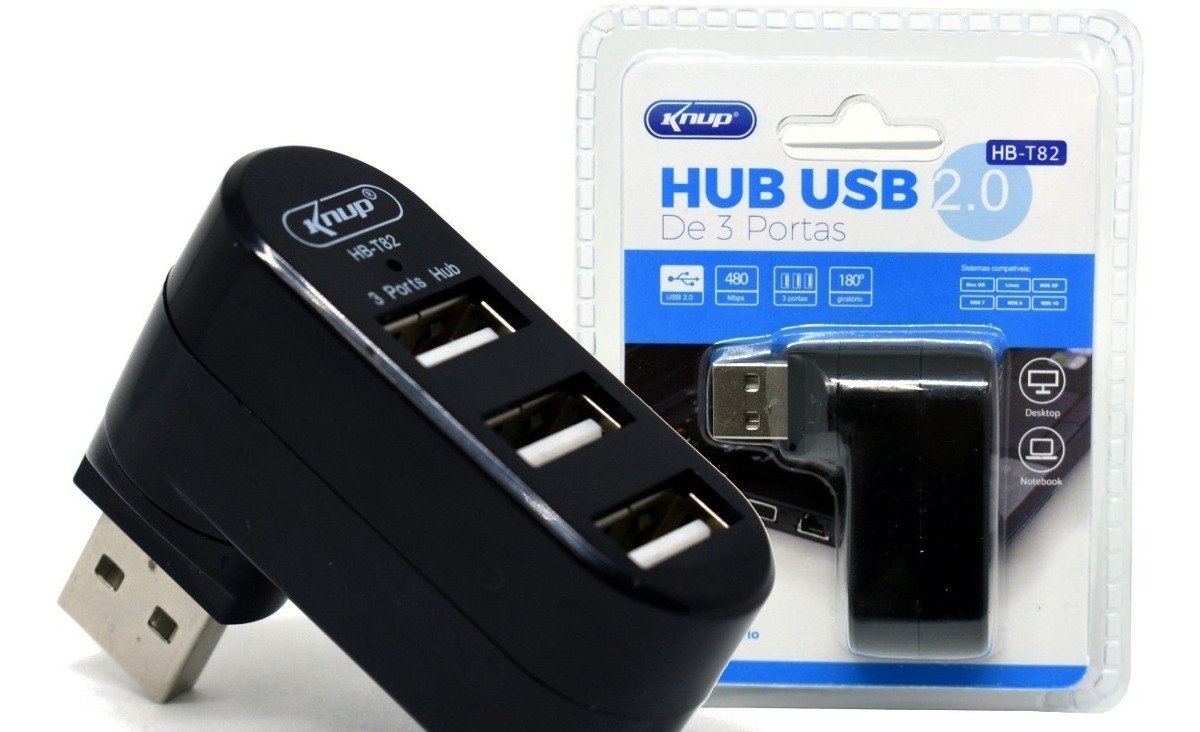 HUB USB 2.0 3 PORTAS ROTACIONAL 180 GRAUS HB-T82 - Datacillcom Informática